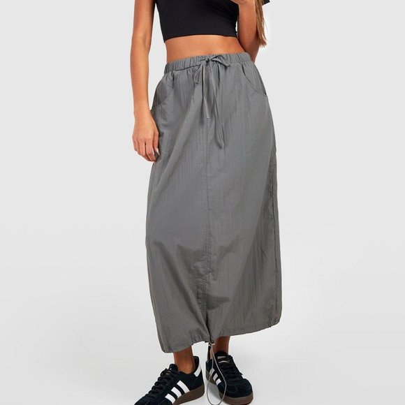 Boohoo | Skirts | Nwt Gray Charcoal Drawstring Parachute Maxi Skirt ...